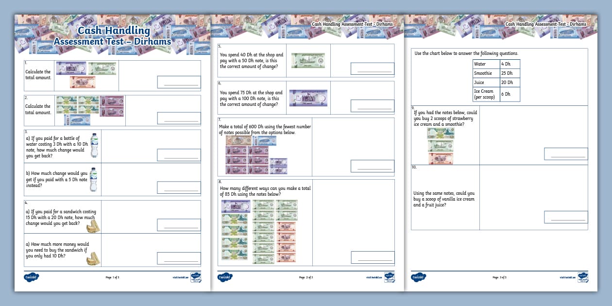 Cash Handling Assessment Test - Dirhams | Twinkl | KS1