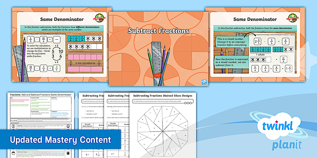Y5 Fractions Subtract Fractions Planit Maths Lesson 6
