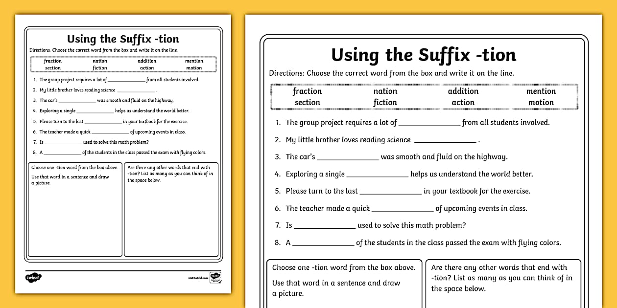 Using the Suffix -tion Worksheet for 3rd-5th Grade - Twinkl
