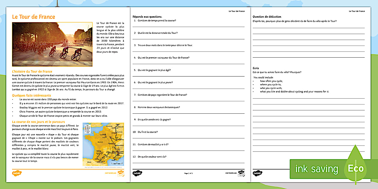 Higher Ability Tour de France Differentiated Reading Comprehension Activity