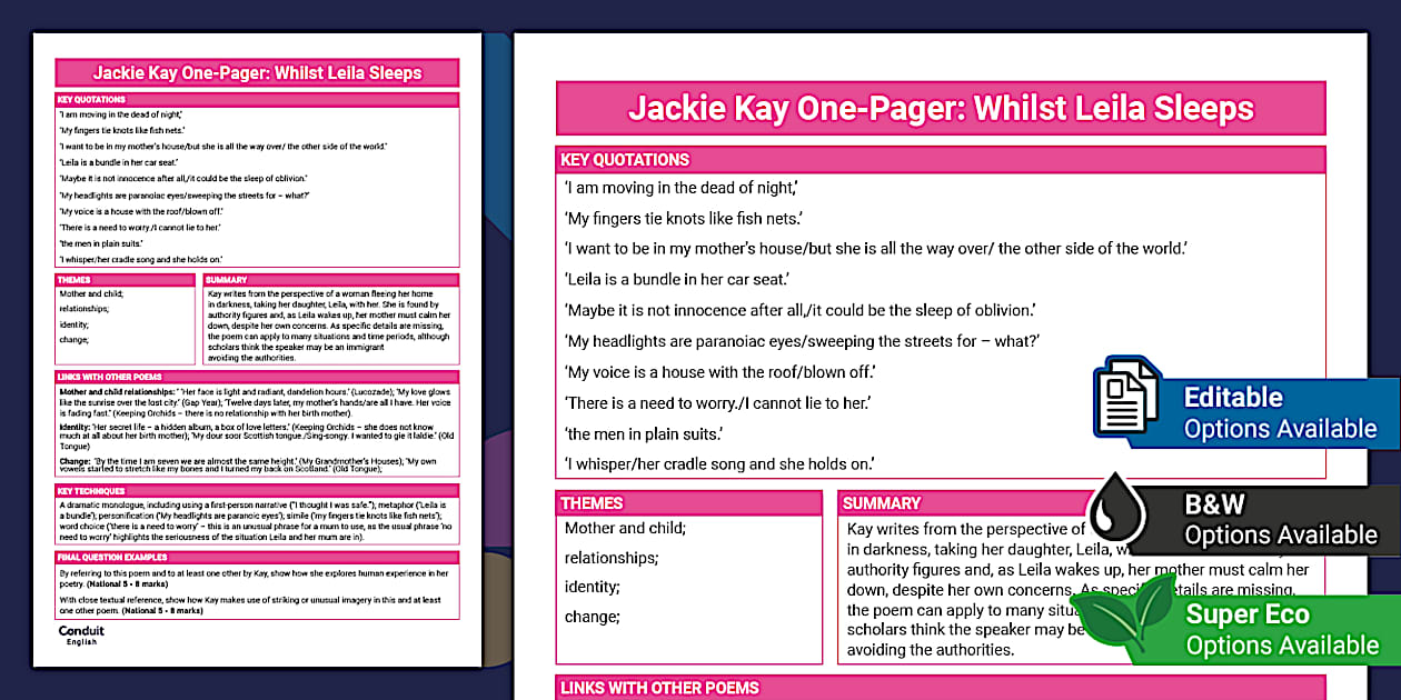 Jackie Kay One-Pager: Whilst Leila Sleeps (Teacher-Made)