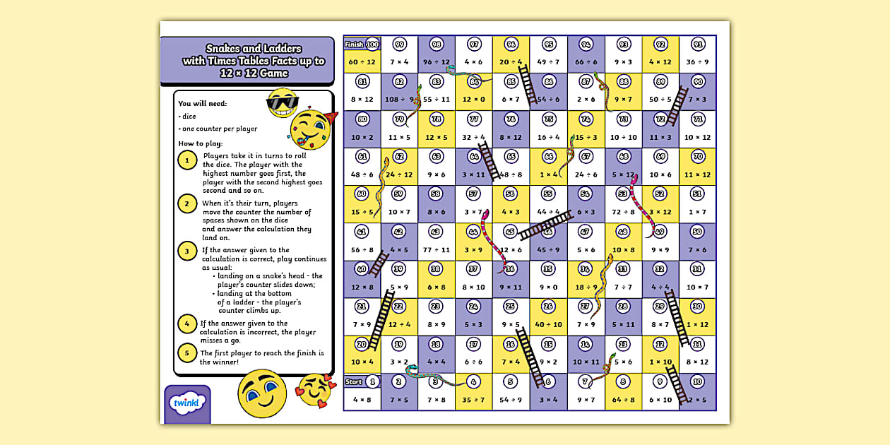 👉 Snakes and Ladders with Times Tables Facts up to 12 × 12 Game