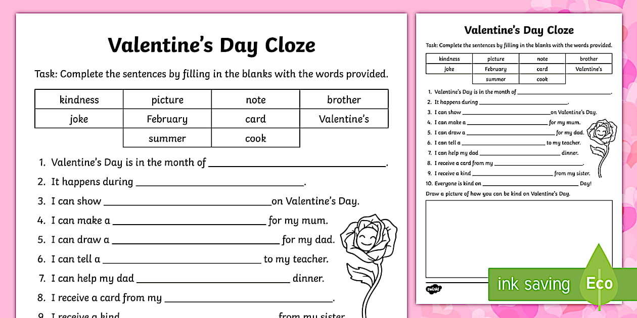 Valentine's Worksheets | Cloze Activity | Primary Resource