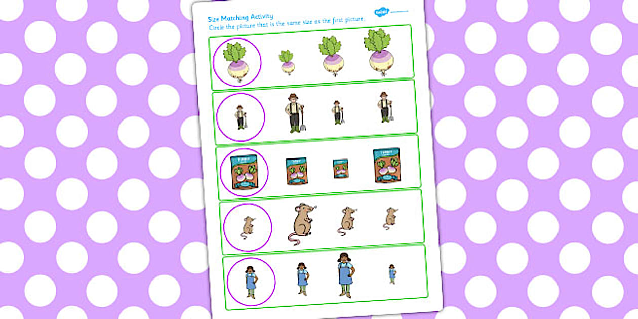 The Enormous Turnip Size Matching Worksheets - Twinkl