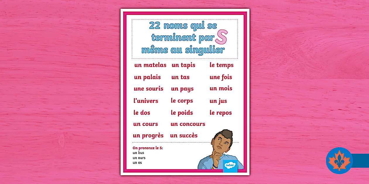 22 French nouns that always end in "S" Poster (teacher made)