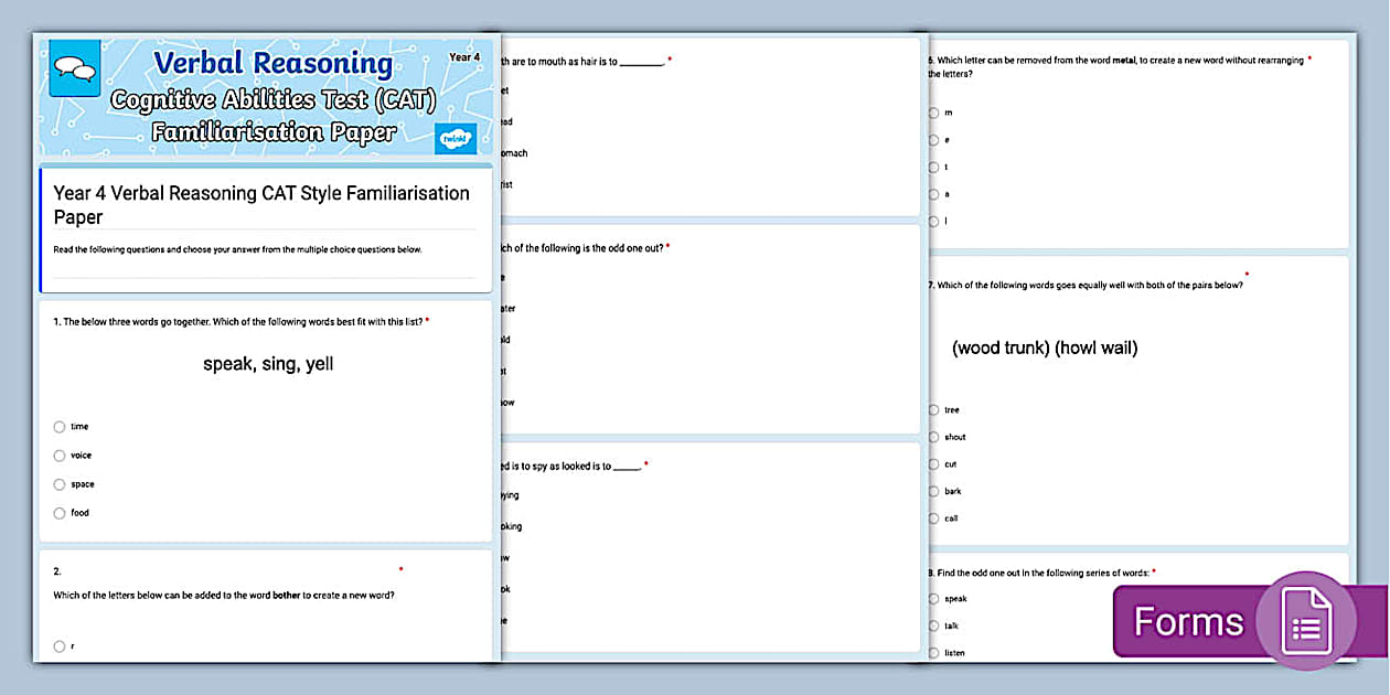 Year 4 CAT4 Verbal Reasoning CAT Style Familiarisation Paper