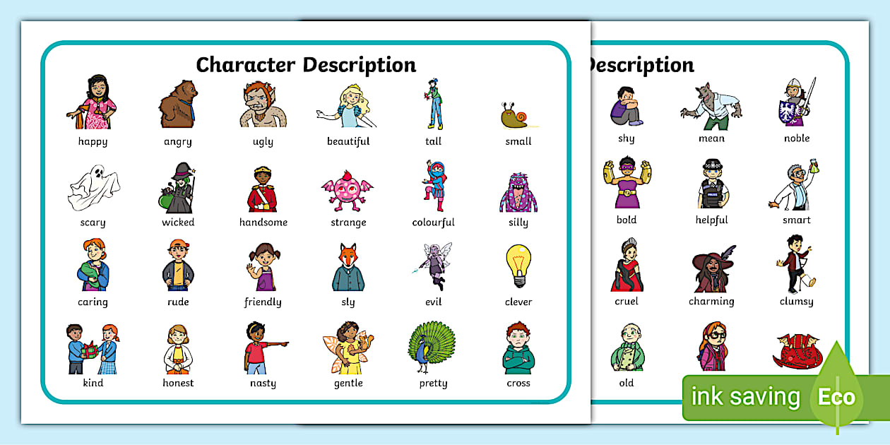 Cursive EYFS/KS1 Character Description Word Mat - Twinkl