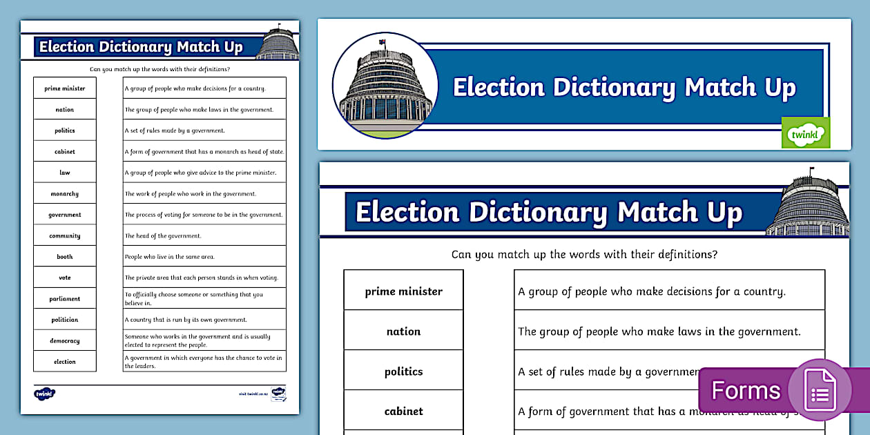 Election Vocabulary Match-Up Activity (teacher made)