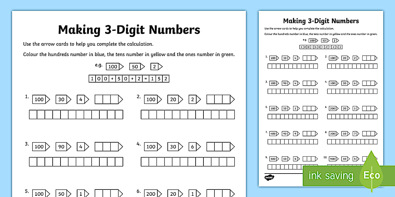 Making 3-Digit Numbers Worksheet / Worksheet - Twinkl