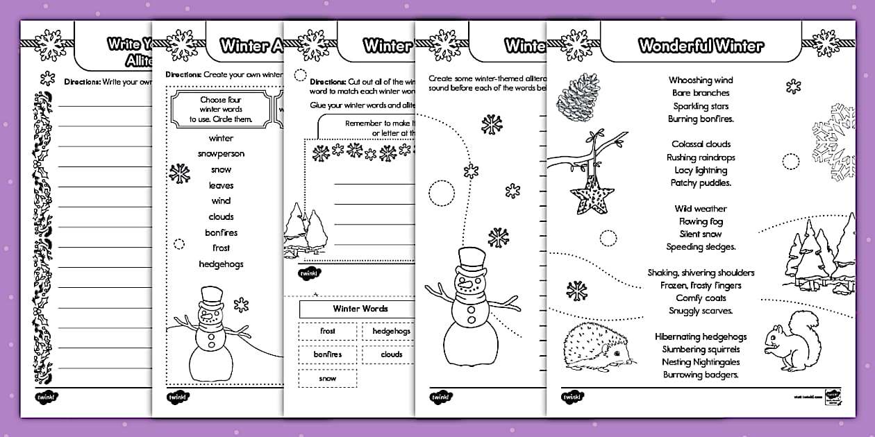 Winter Alliteration Poem Worksheet for K-2nd Grade - Twinkl