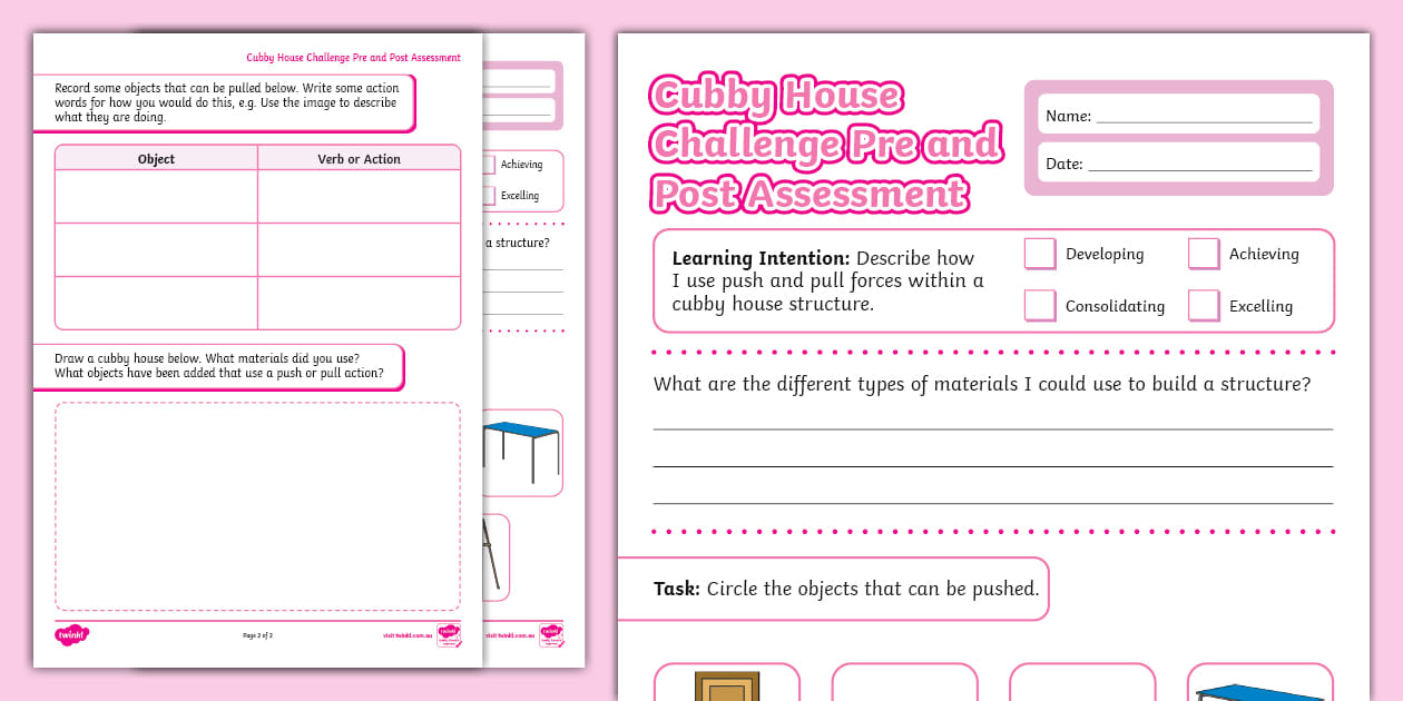 Cubby House Challenge Pre and Post-Assessment - Twinkl