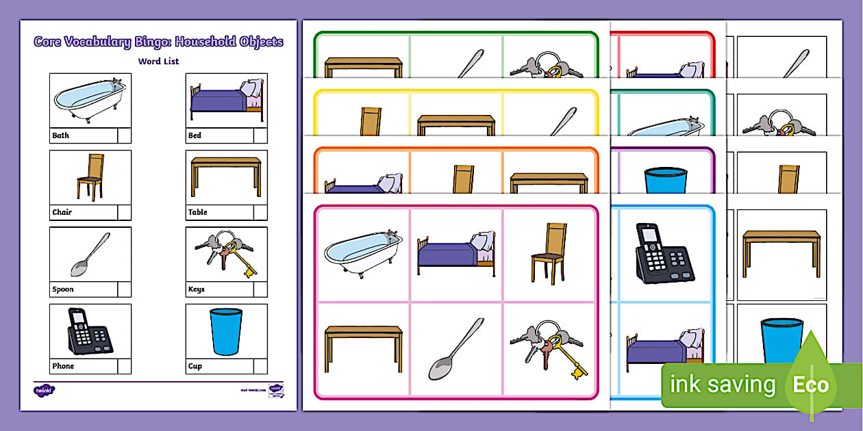 Core Vocabulary Bingo: Household Objects (teacher made)