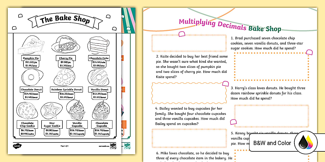 Sixth Grade Multiplying Decimals Bake Shop Worksheet