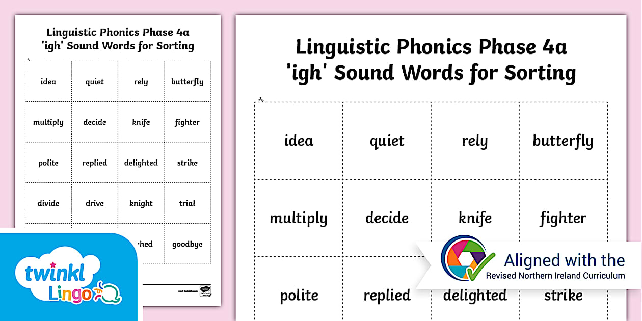 NI Linguistic Phonics Phase 4a 'igh' Sound Words for Sorting