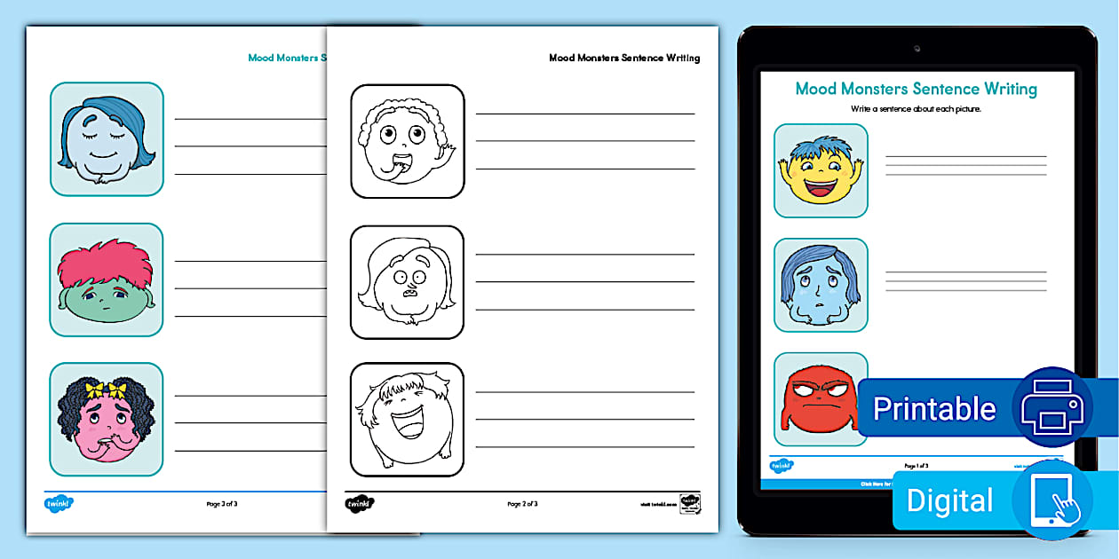 Mood Monsters Sentence Writing Worksheet (teacher made)