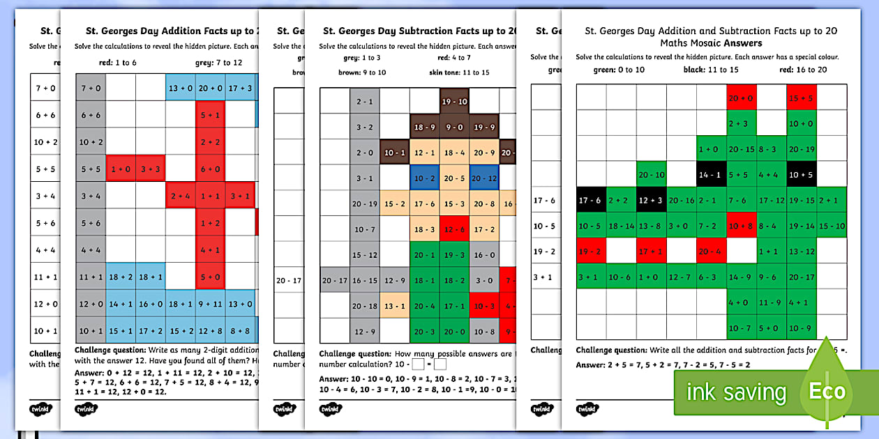 KS1 St. George's Day Addition and Subtraction Facts up to 20 Maths Mosaic