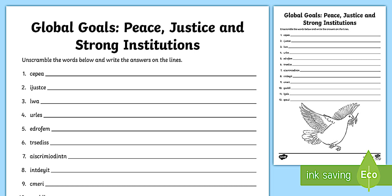 Global Goals Peace, Justice and Strong Institutions Word Unscramble