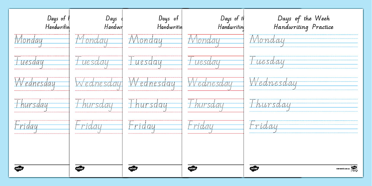 Days of the Week Handwriting Tracing Practice Worksheets Days of the Week Handwriting Tracing Practice Worksheets