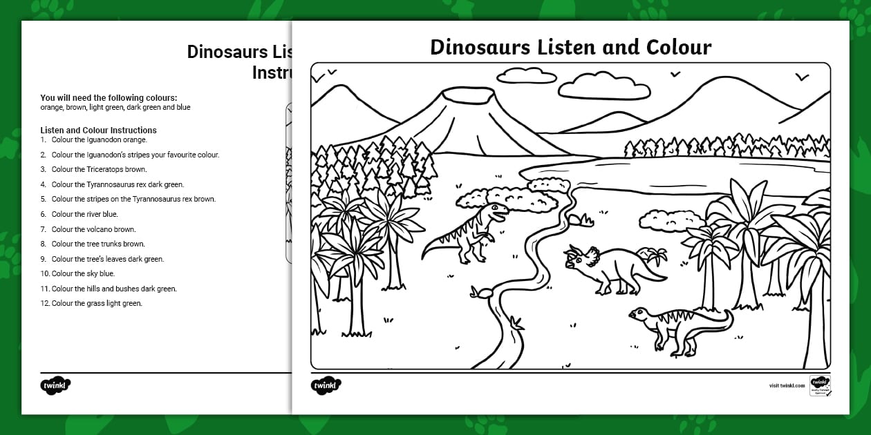 Listen and Colour Dinosaur Activity Sheet (teacher made)