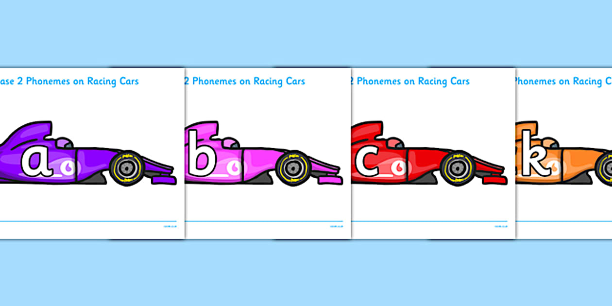 Phase 2 Phonemes on Racing Cars (teacher made) - Twinkl