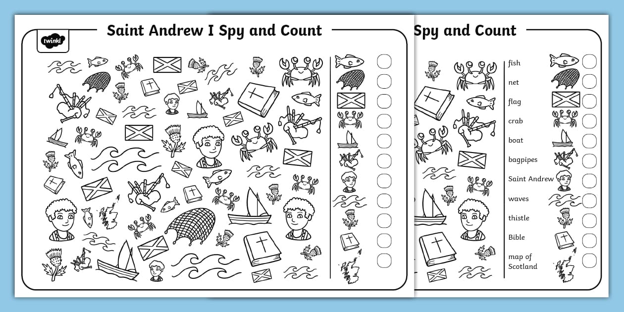 Saint Andrew I Spy and Count Colouring Page - Twinkl