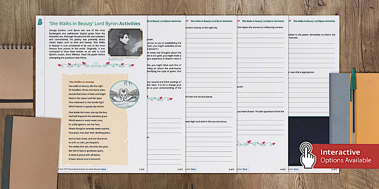 'She Walks in Beauty' Lord Byron Activities (teacher made)