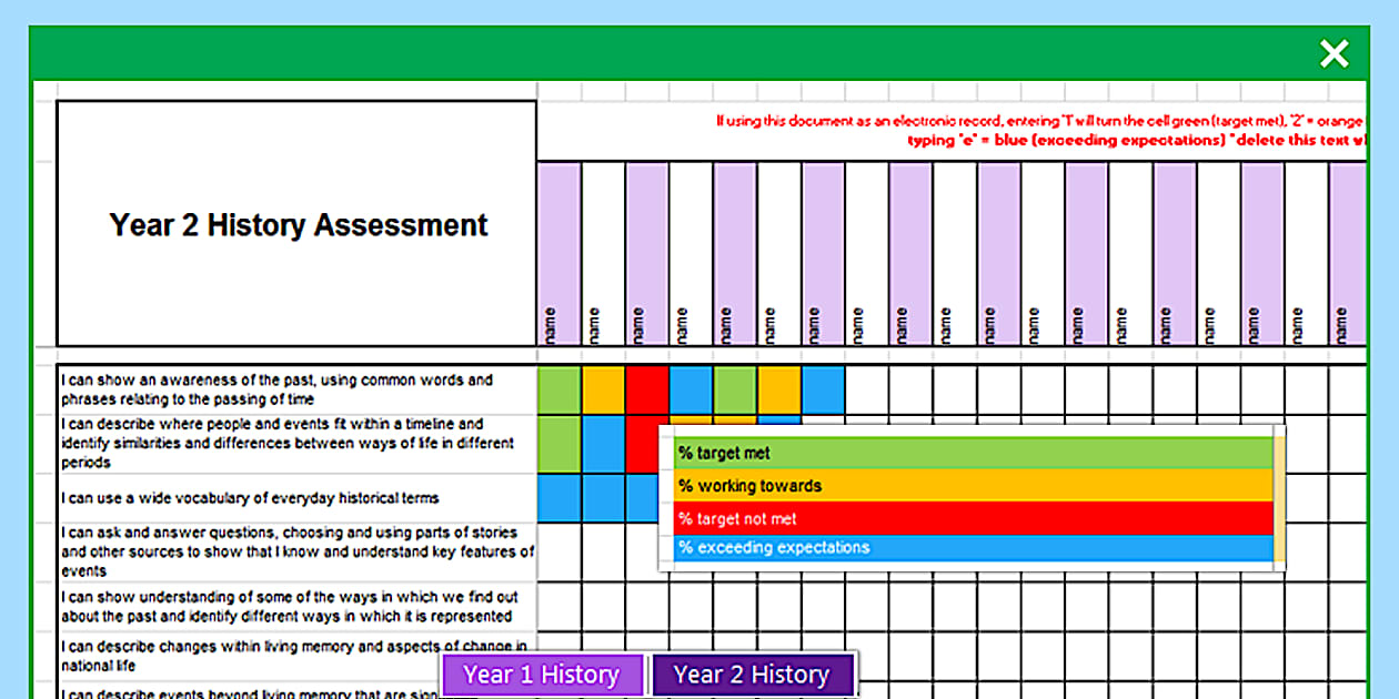 Year 1 and 2 History Assessment KS1 Checklist Spreadsheet