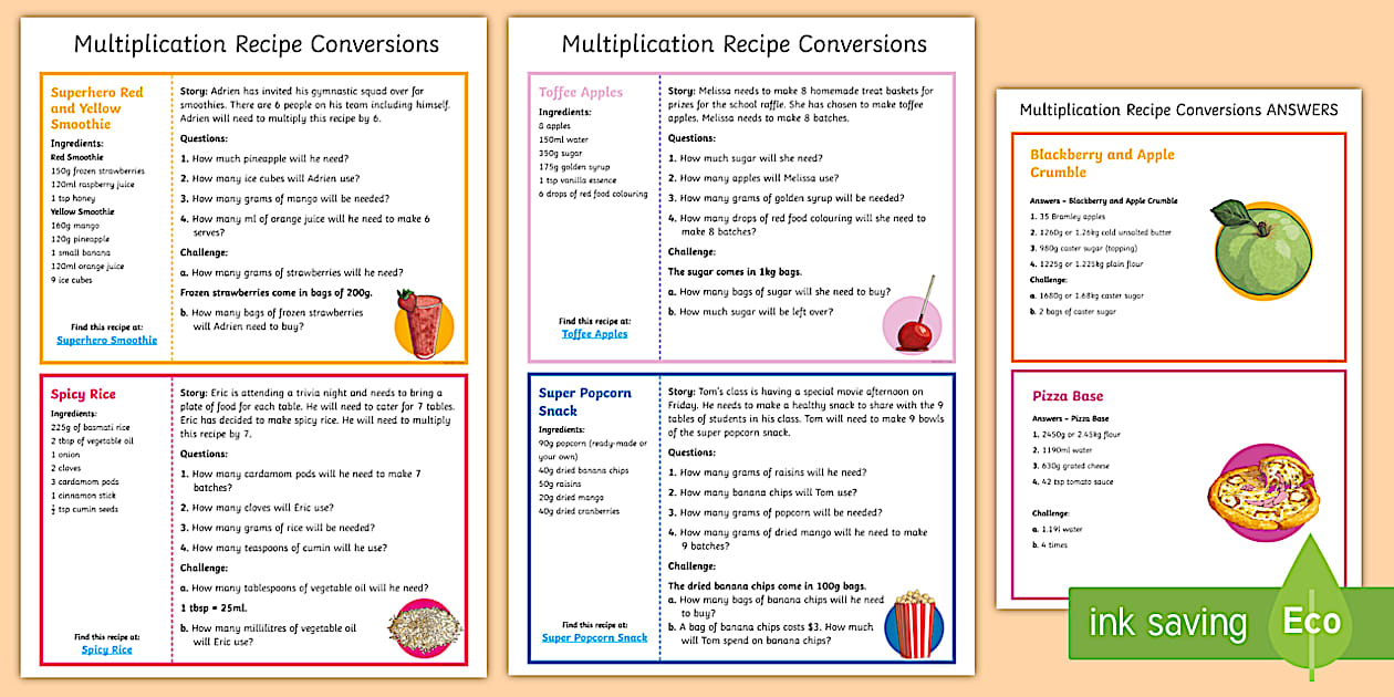 Multiplication Recipe Conversions Maths Challenge Cards