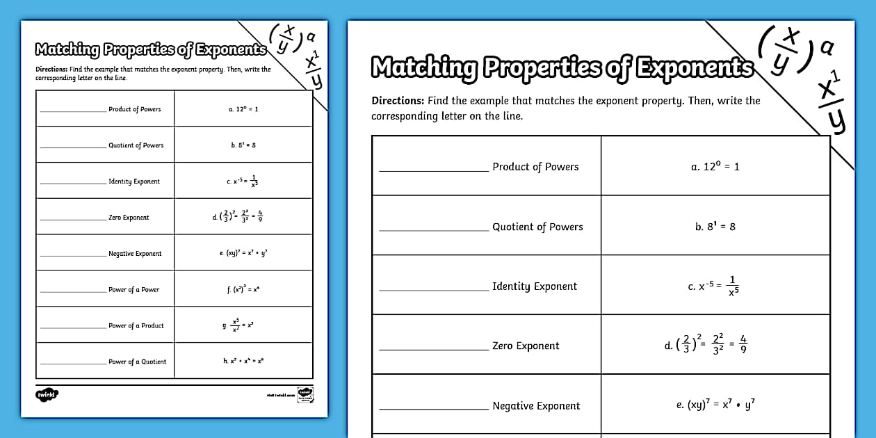 Seventh Grade Matching Properties of Exponents - Twinkl