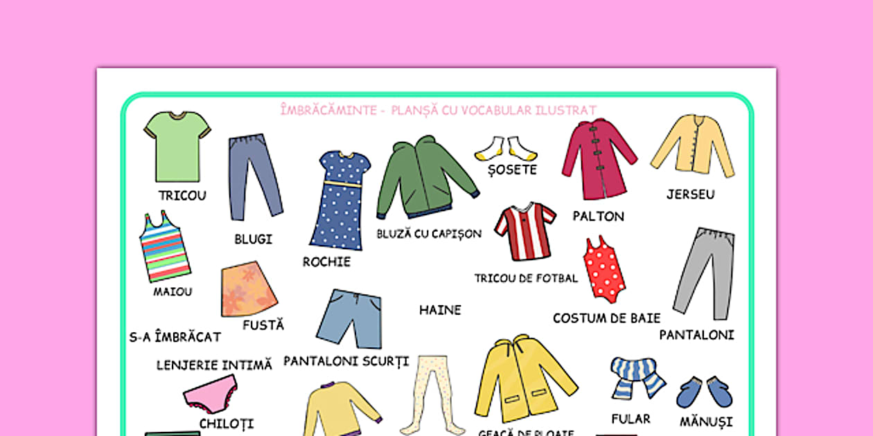 Obiecte vestimentare - planșă cu imagini și cuvinte | Twinkl