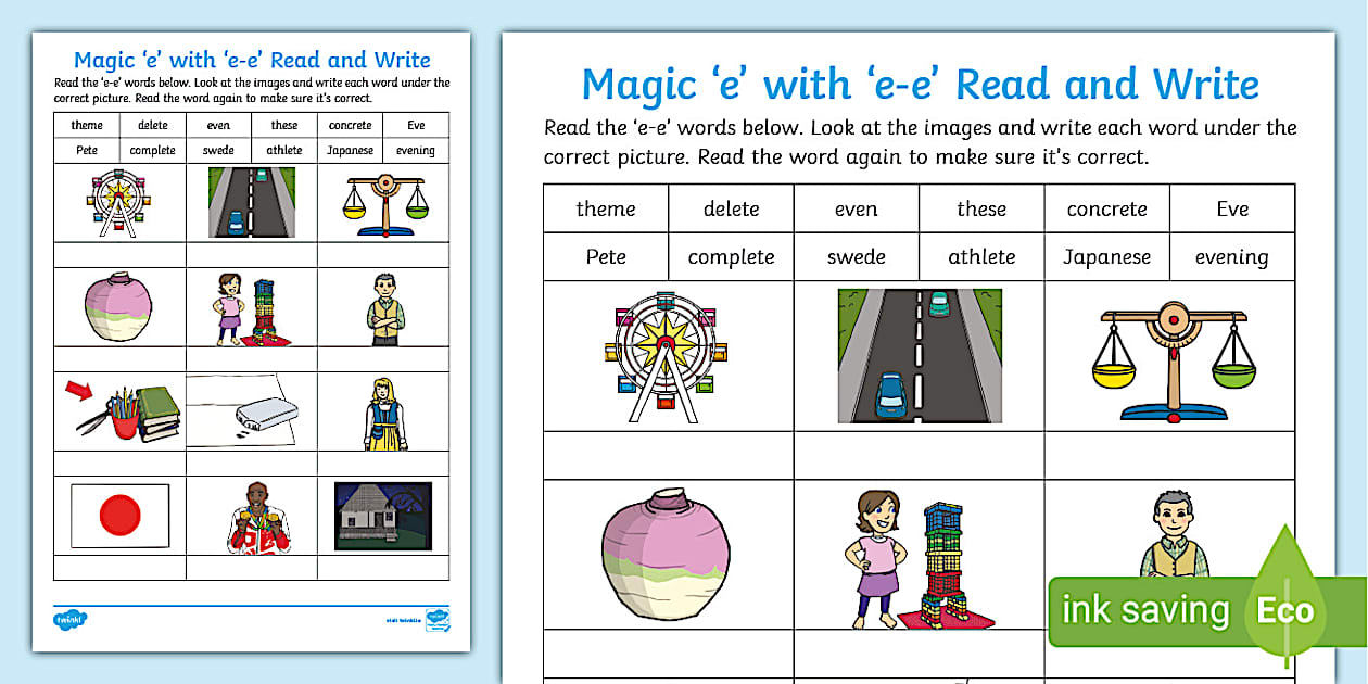 Magic 'e' with 'e-e' Read and Write Worksheet (teacher made)