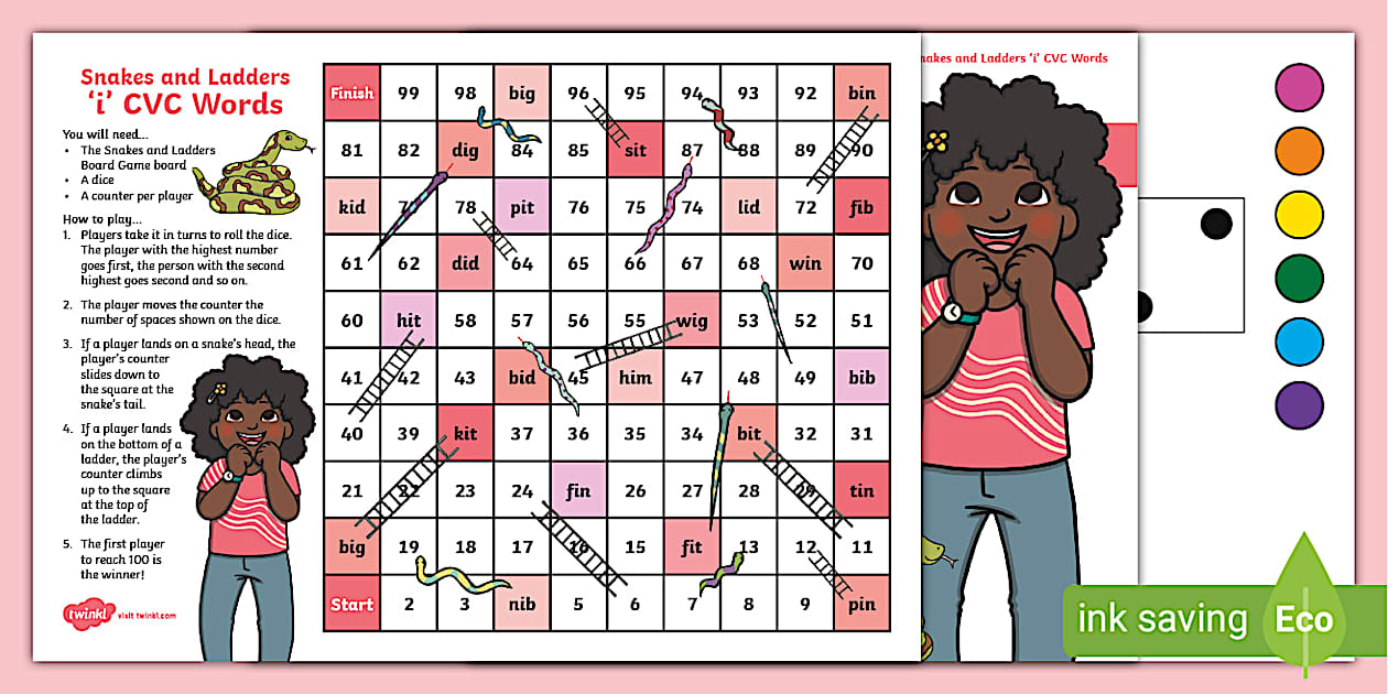 Snakes and Ladders 'i' CVC Words Board Game - Twinkl
