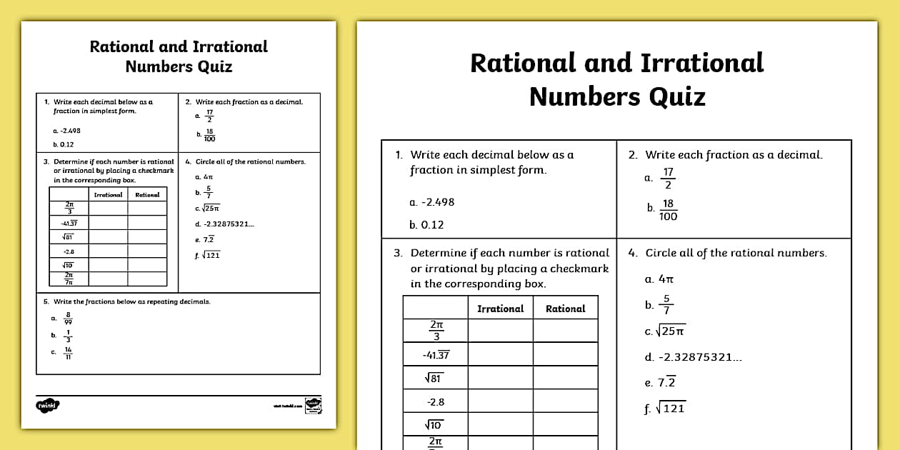 Eighth Grade Rational and Irrational Numbers Quiz - Twinkl