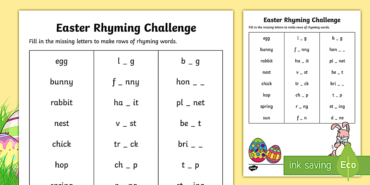 Easter Rhyming Challenge Worksheet / Worksheet - Twinkl