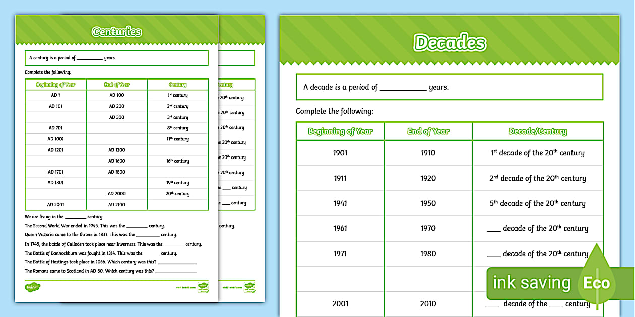 Centuries and Decades Worksheets - Twinkl