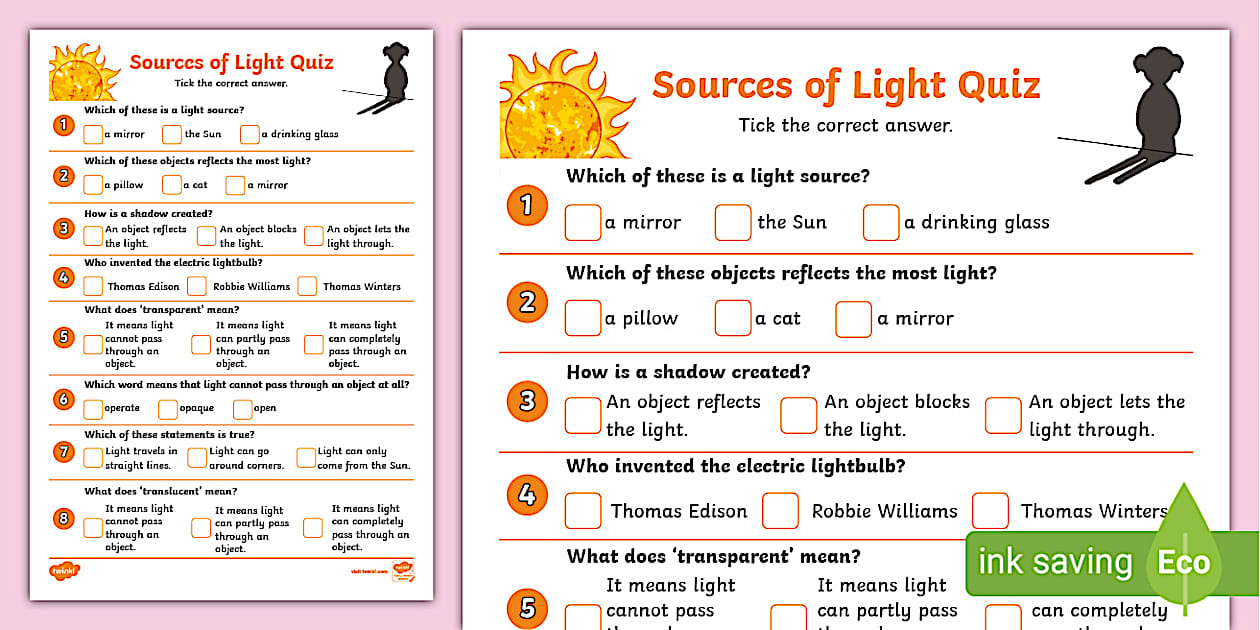 Sources of Light Paper Quiz (teacher made) - Twinkl