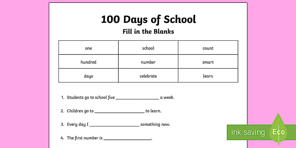 100th Day of School Fill in the Blanks Cloze Worksheet / Worksheet