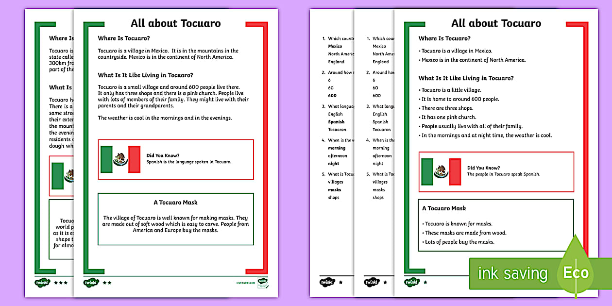 KS1 All About Tocuaro Differentiated Reading Comprehension Activity