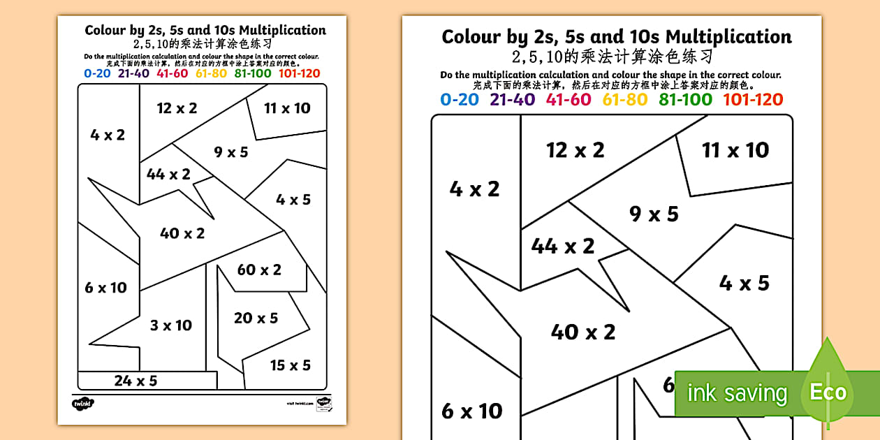 Mixed Colour by 2s, 5s and 10s Multiplication Worksheet / Worksheet