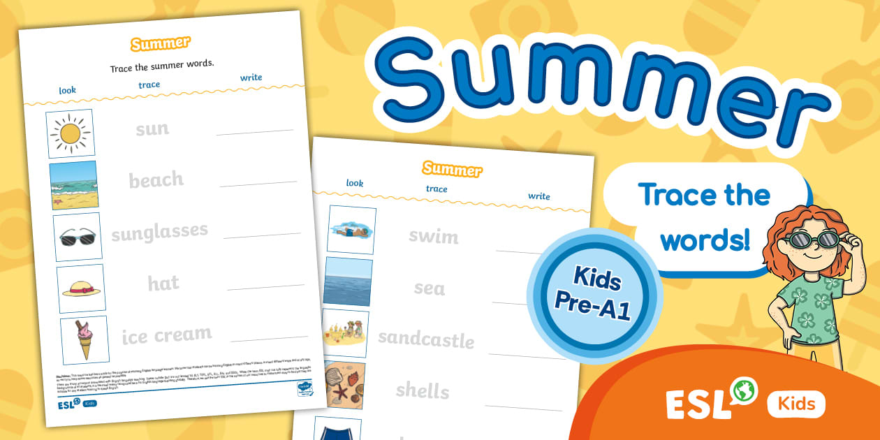 ESL Trace the Summer Words [Kindergarten, Pre-A1]