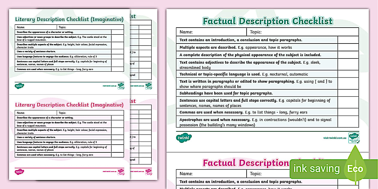 Year 3 Description Printable Checklist - 3-4 - English