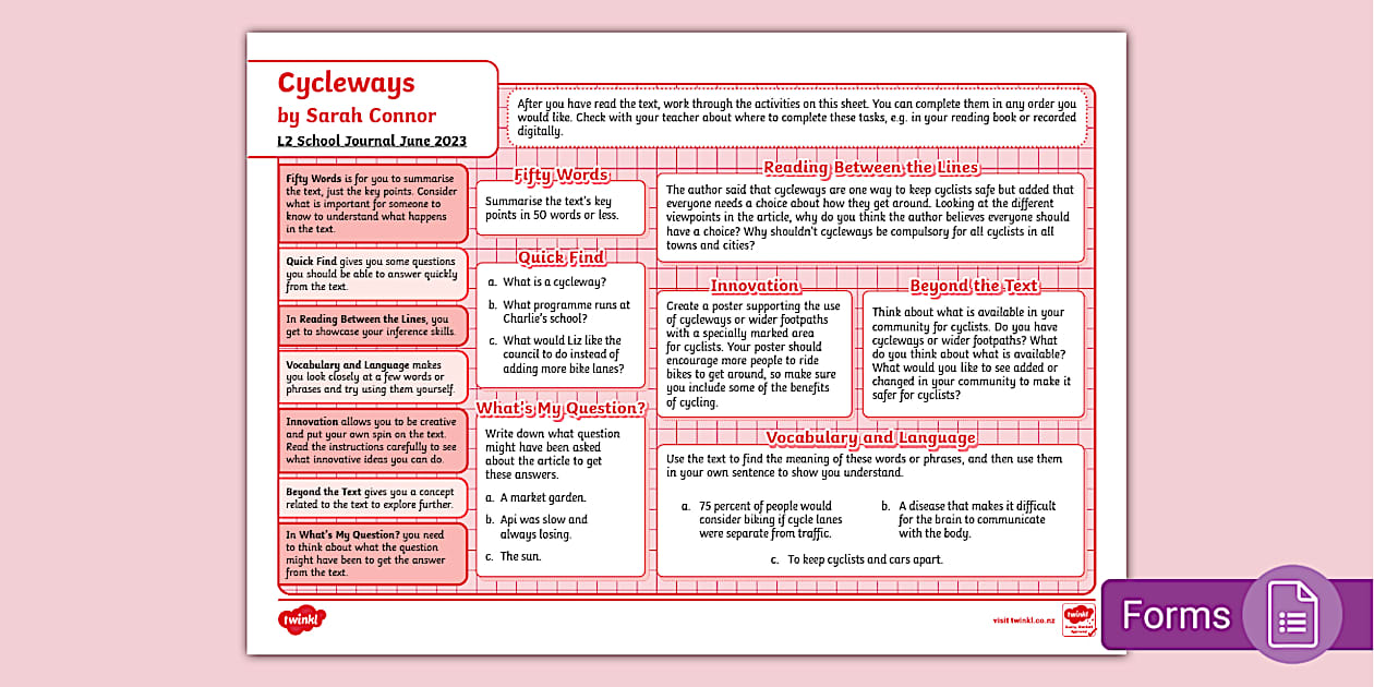 Level 2 June 2023 School Journal: Cycleways Article Follow-Up