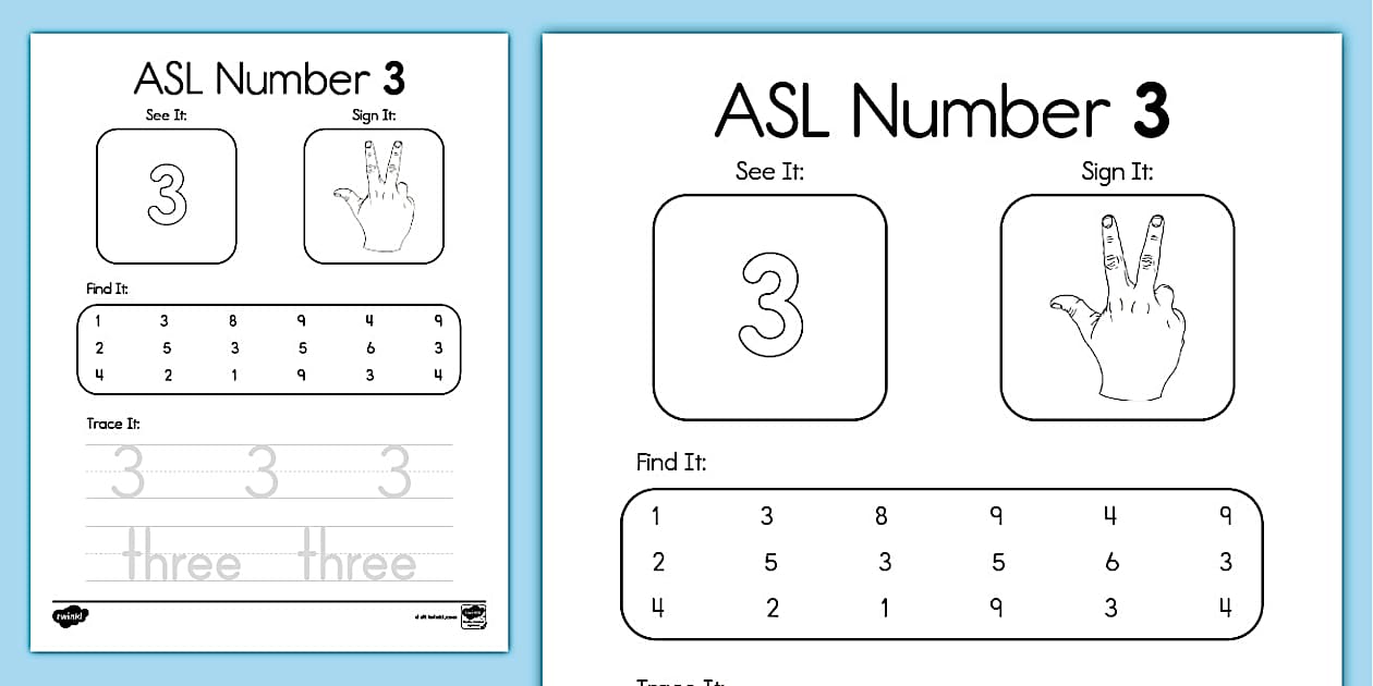ASL Number 3 Worksheet (teacher made) - Twinkl