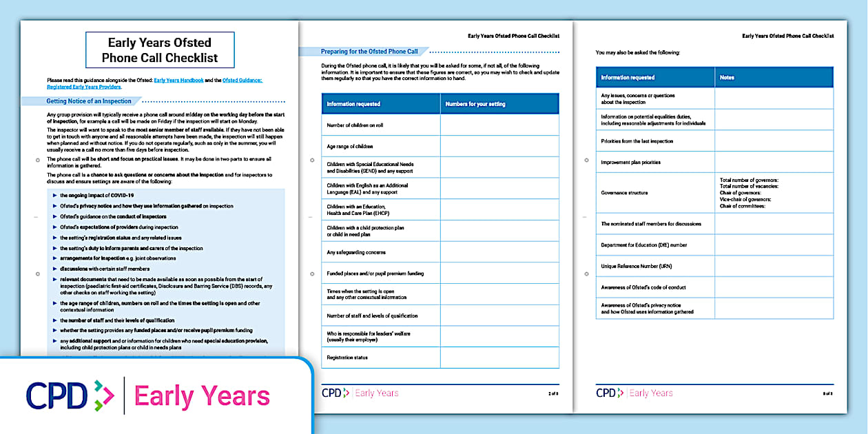 Pre-Inspection Phone Call Ofsted Checklist for Nurseries