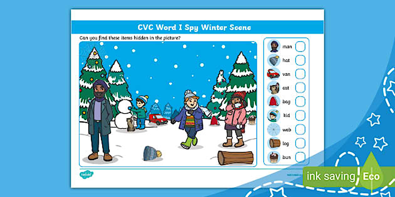 Black and White CVC Word I Spy Winter Scene (teacher made)