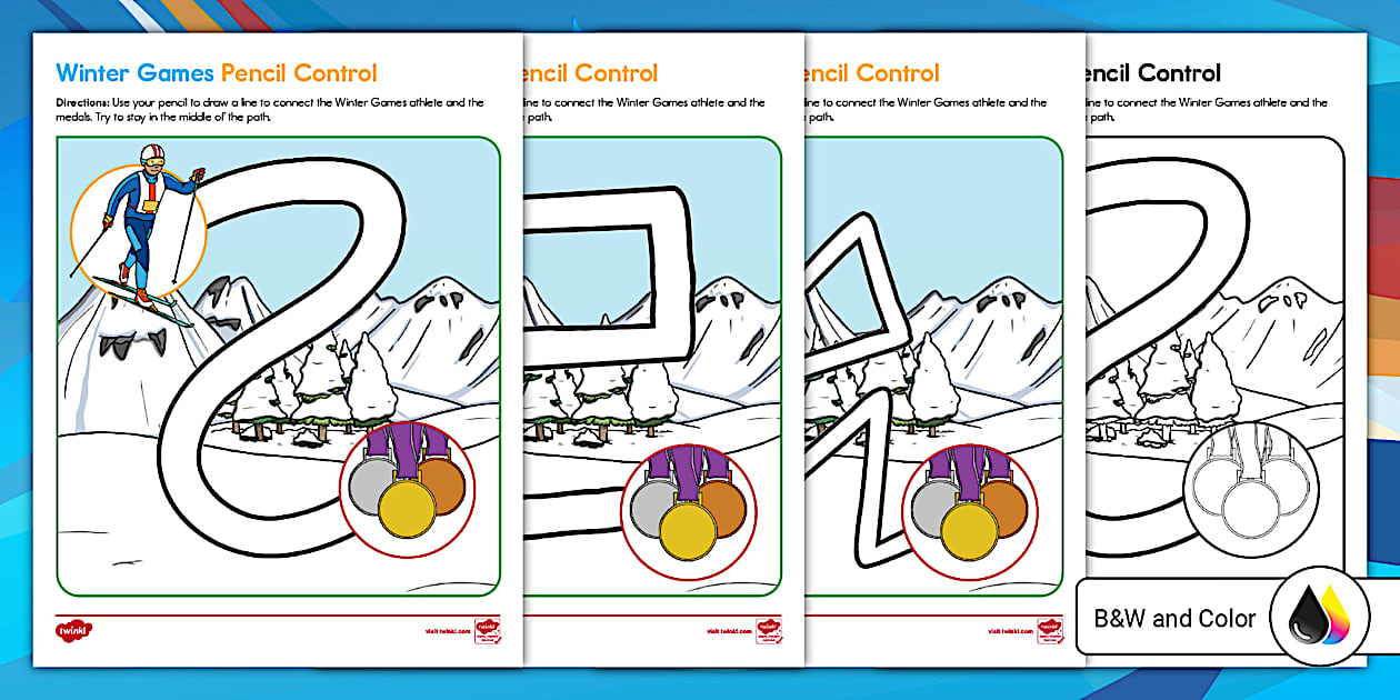 Winter Games Pencil Control Worksheet for PreK-K - Twinkl