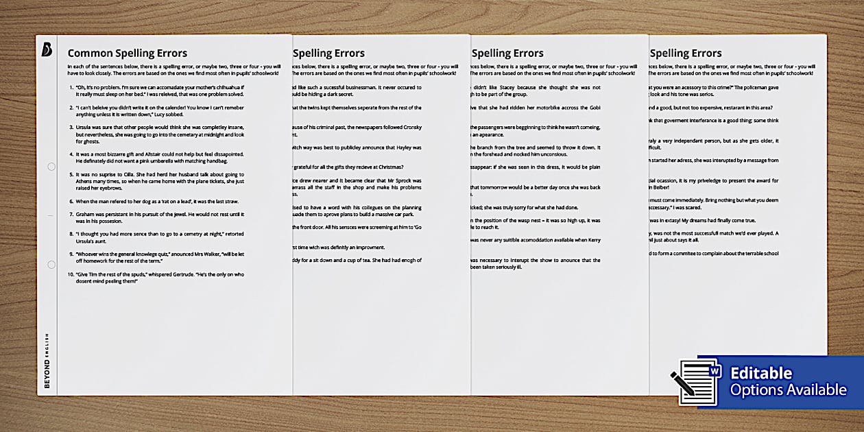 Editable Common Spelling Errors Worksheet Pack - Twinkl