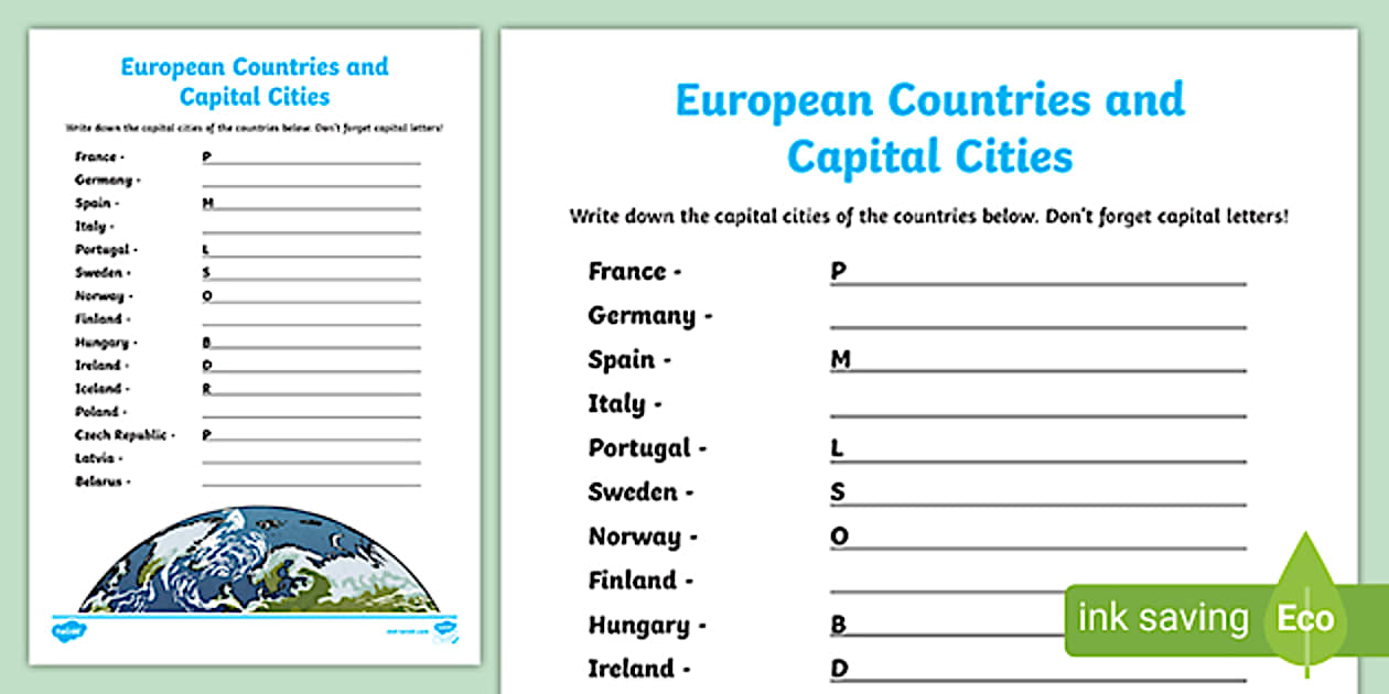 Capitals and Countries Worksheet (teacher made) - Twinkl