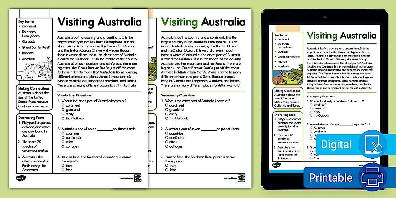 Second Grade Visiting Australia Fact File and Vocabulary Questions