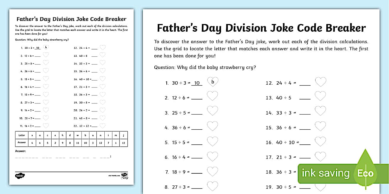 Father's Day Division Joke Code Breaker Worksheet